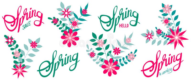 Spring Lettering Typography Set. Hand Written Style Card. Stock Vector ...