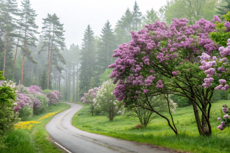 Spring Lilac Trees in Blossom Stock Illustration - Illustration of ...