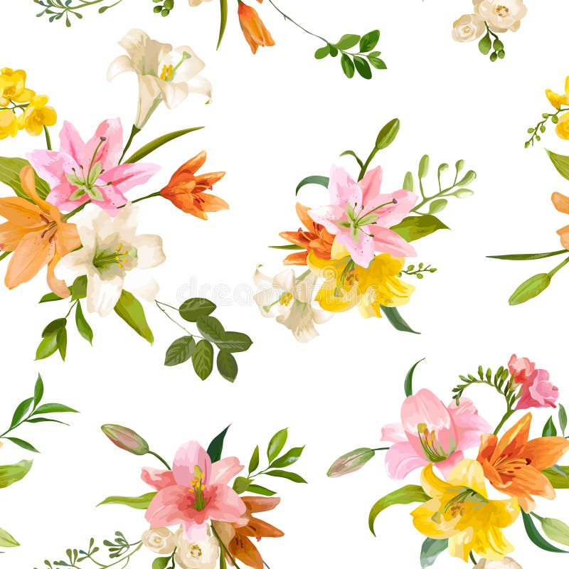 Spring Lily Flowers Background - Seamless Floral Pattern Stock Vector ...