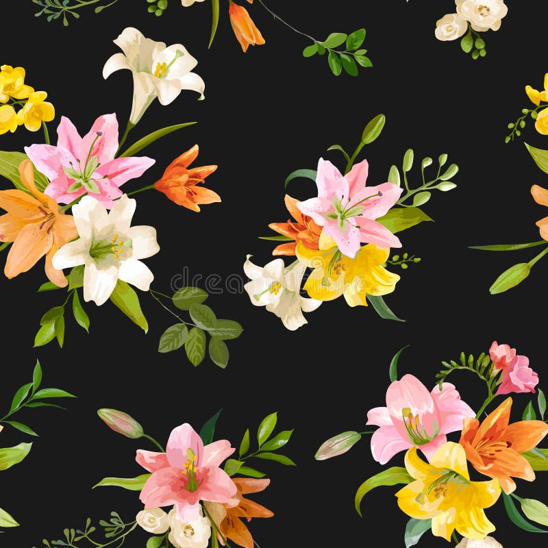 Spring Lily Flowers Background - Seamless Floral Pattern Stock Vector ...