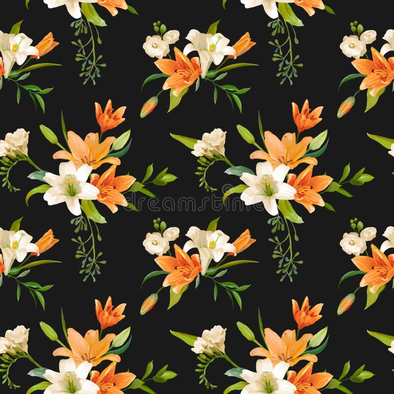 Spring Lily Flowers Background - Seamless Floral Pattern Stock Vector ...