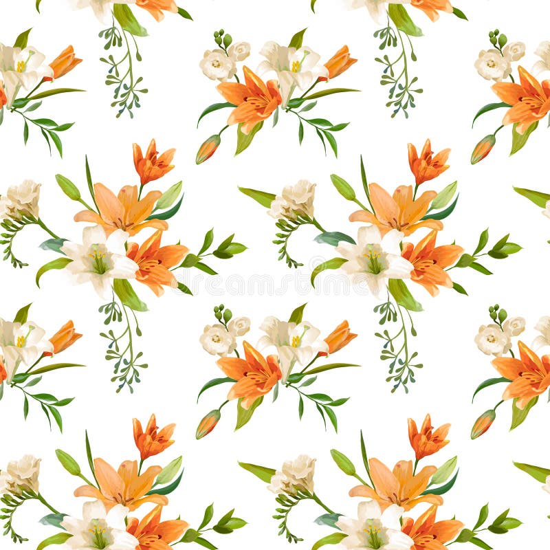 Vintage Spring Flowers Background - Seamless Floral Lily Pattern Stock ...