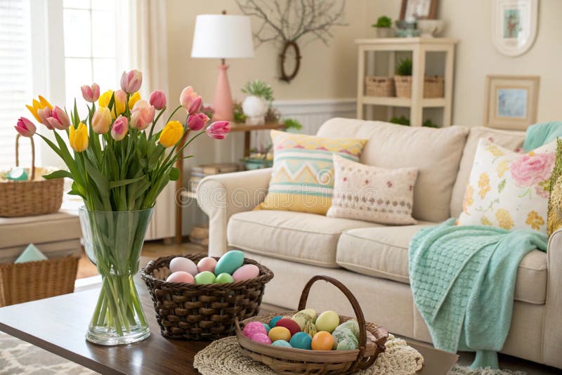 Spring Living Room with Tulips and Easter Decorations Stock ...