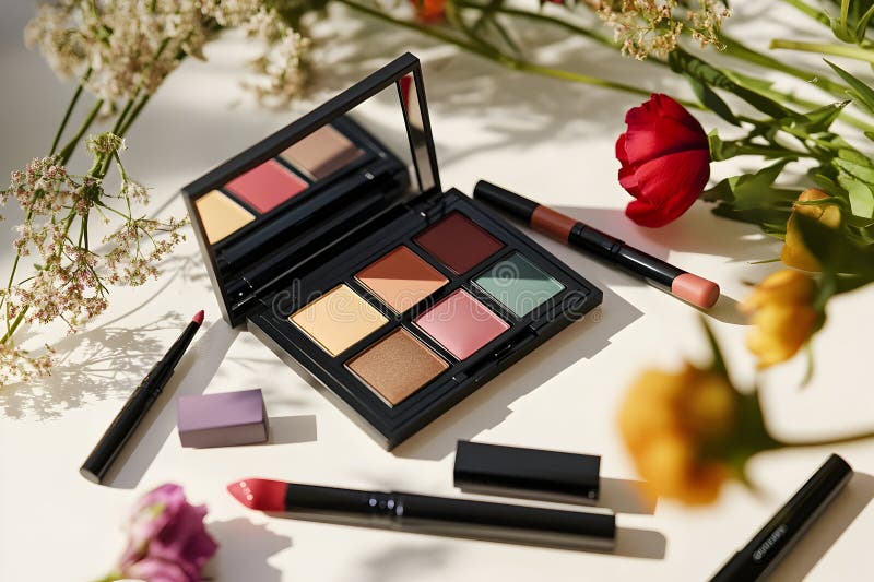 Spring Makeup Palette with Lipsticks and Floral Arrangements on Sunlit ...