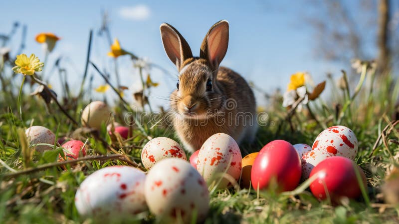 Spring Meadow Bliss. Adorable Rabbit Amidst Dew-Drenched Grass, Easter ...