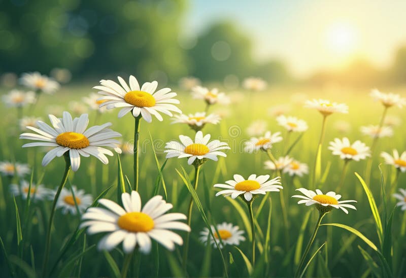 Spring Meadow with Blooming Daisies, Beautiful Nature and Wild Flowers ...