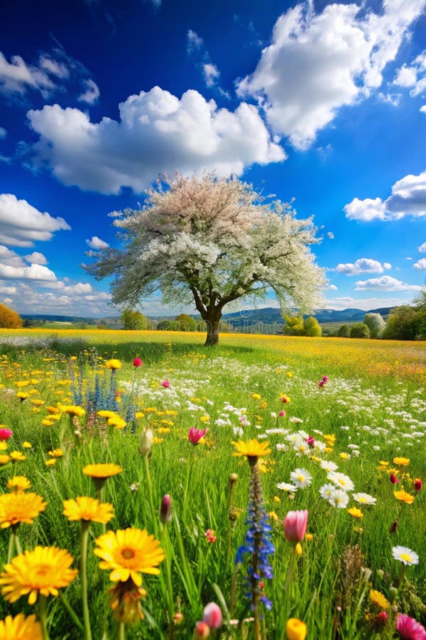 Spring Meadow with Blue Sky Stock Illustration - Illustration of clear ...