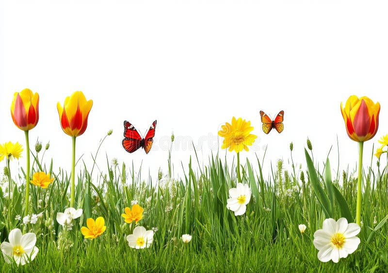 Spring Meadow, Bright with Butterflies, on a Crisp White Backdrop Stock ...