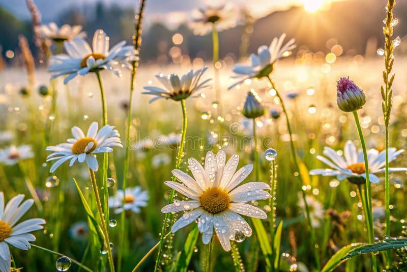 Spring Meadow with Daisies and Rain Drops Stock Illustration ...