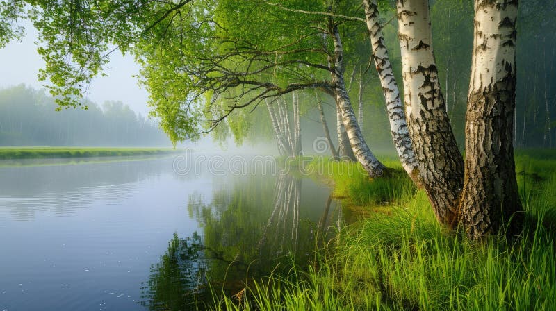 A Spring Meadow Draped in Mist, with a Small River Winding through ...