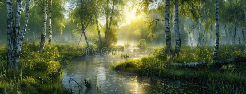 A Spring Meadow Draped in Mist, with a Small River Winding through ...