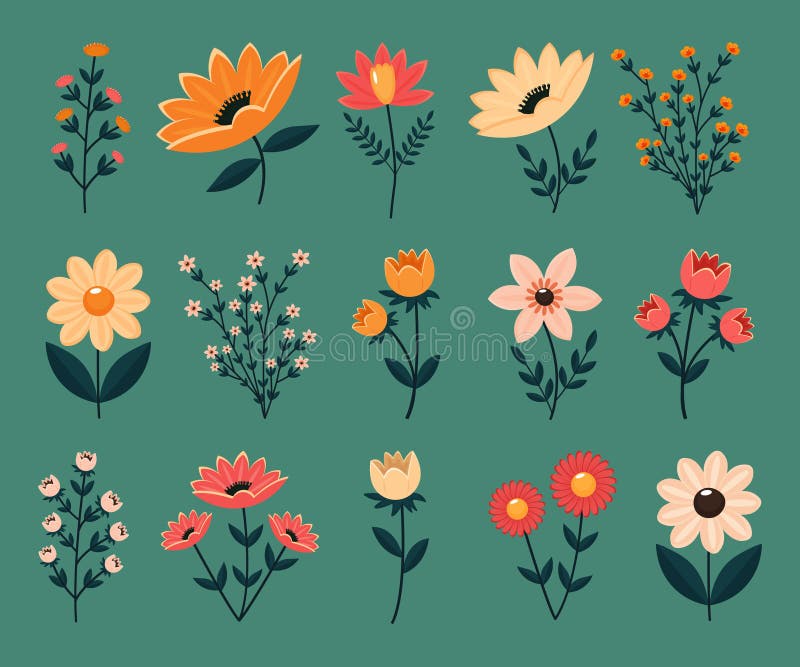 Spring Meadow Flowers Set Flat Vector Illustration Stock Illustration ...
