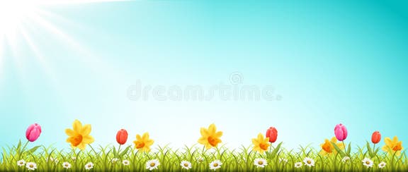 Spring Meadow with Flowers and Sun Vector Stock Vector - Illustration ...