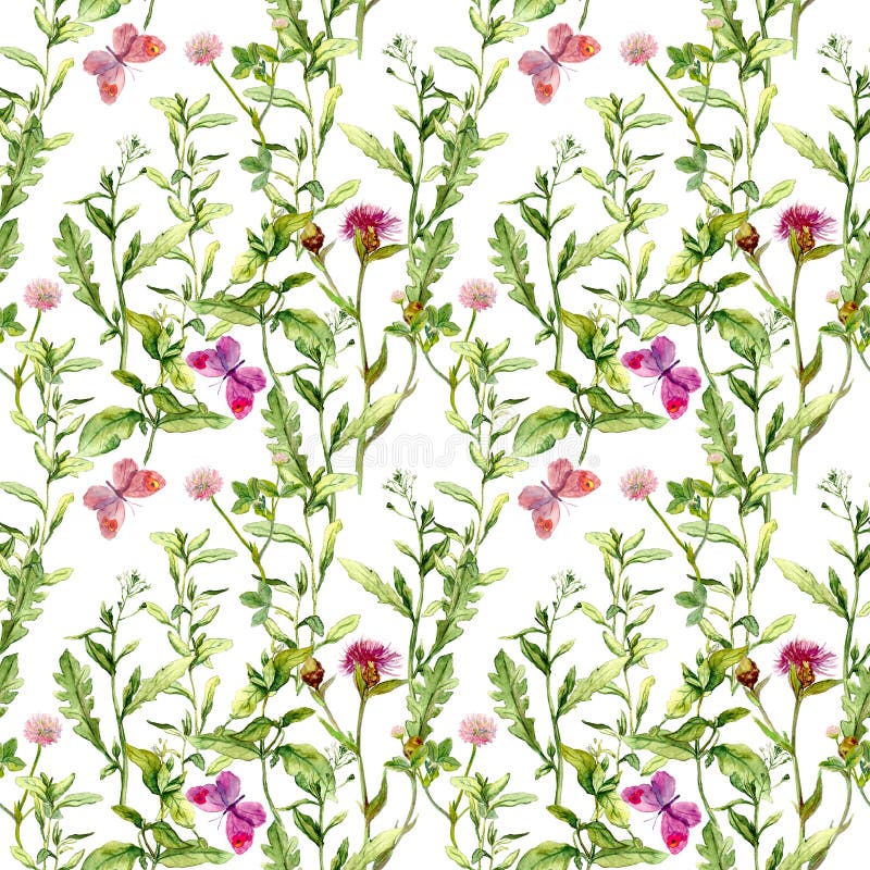 Spring Meadow: Grass, Flowers with Butterflies. Watercolor Repeating ...