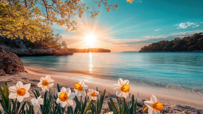 Spring Meadow Illustration, a Serene Setting with Daffodils by a Clear ...