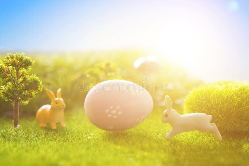Spring Meadow with Easter Rabbits and Easter Eggs Stock Image - Image ...