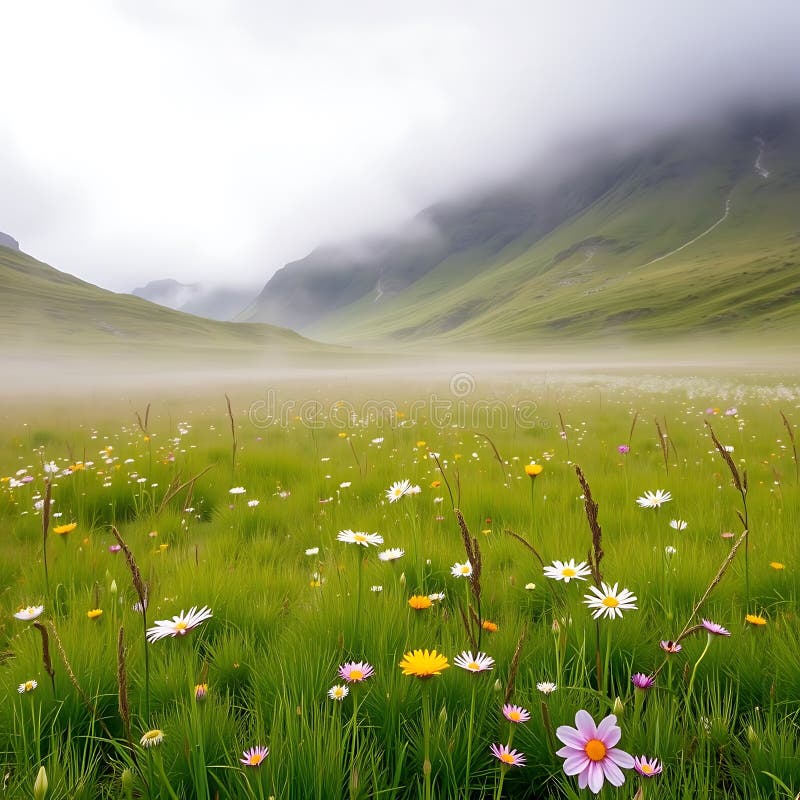 Spring Meadow in New Zealand with Lifting Mist Stock Illustration ...
