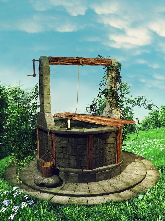 Old Wishing Well with Spring Flowers Stock Illustration - Illustration ...
