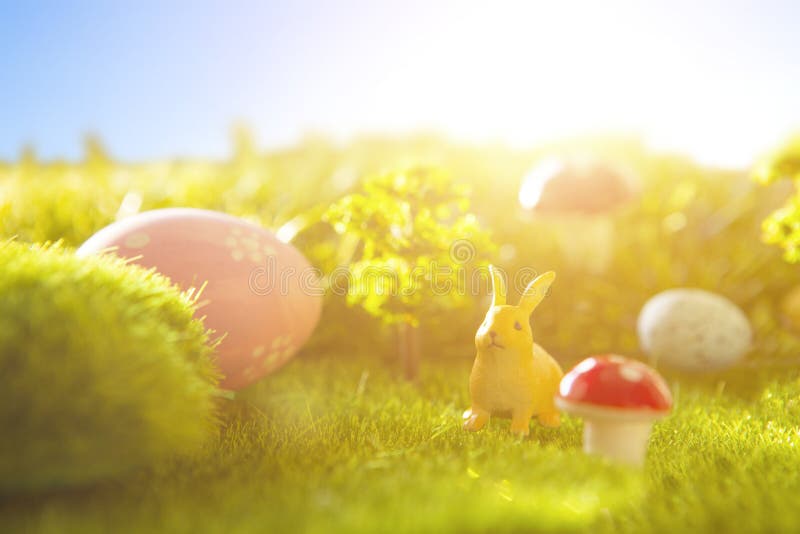 Spring Meadow with Rabbit and Easter Eggs Stock Image - Image of bright ...