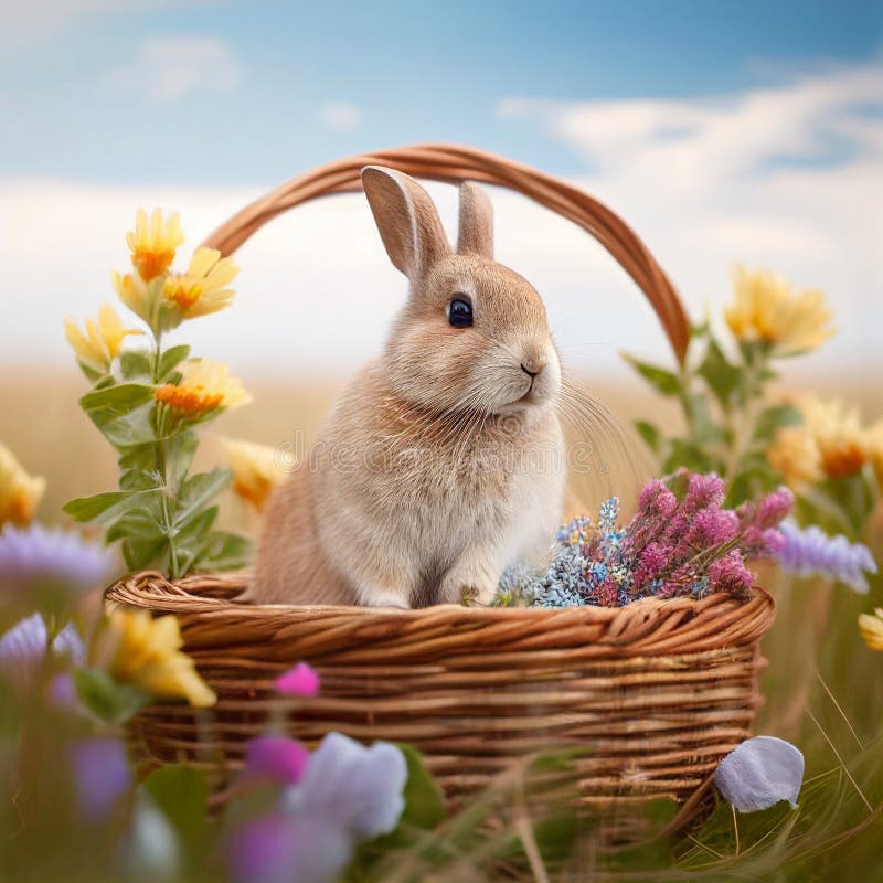 Rabbit Sitting in the Basket on Spring Meadow. Generative AI Stock ...