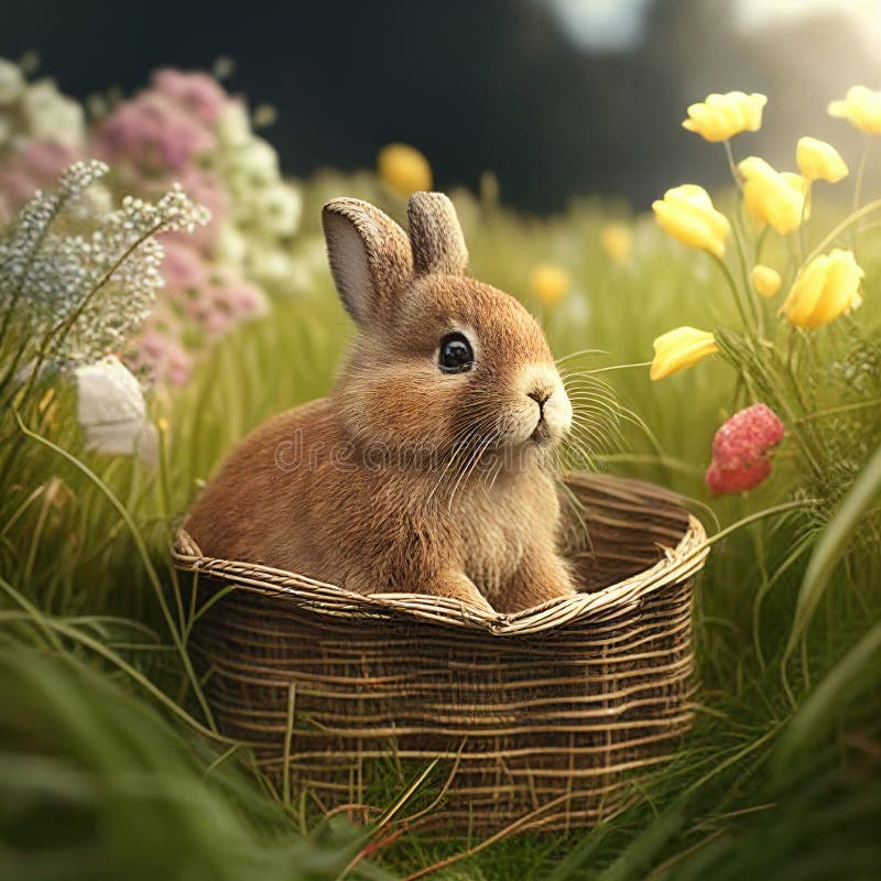 Rabbit Sitting in the Basket on Spring Meadow. Generative AI Stock ...