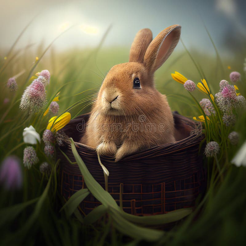 Rabbit Sitting in the Basket on Spring Meadow. Generative AI Stock ...