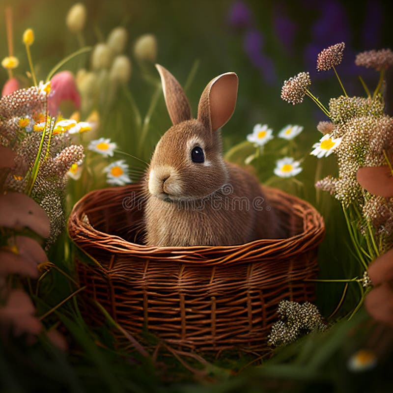 Rabbit Sitting in the Basket on Spring Meadow. Generative AI Stock ...
