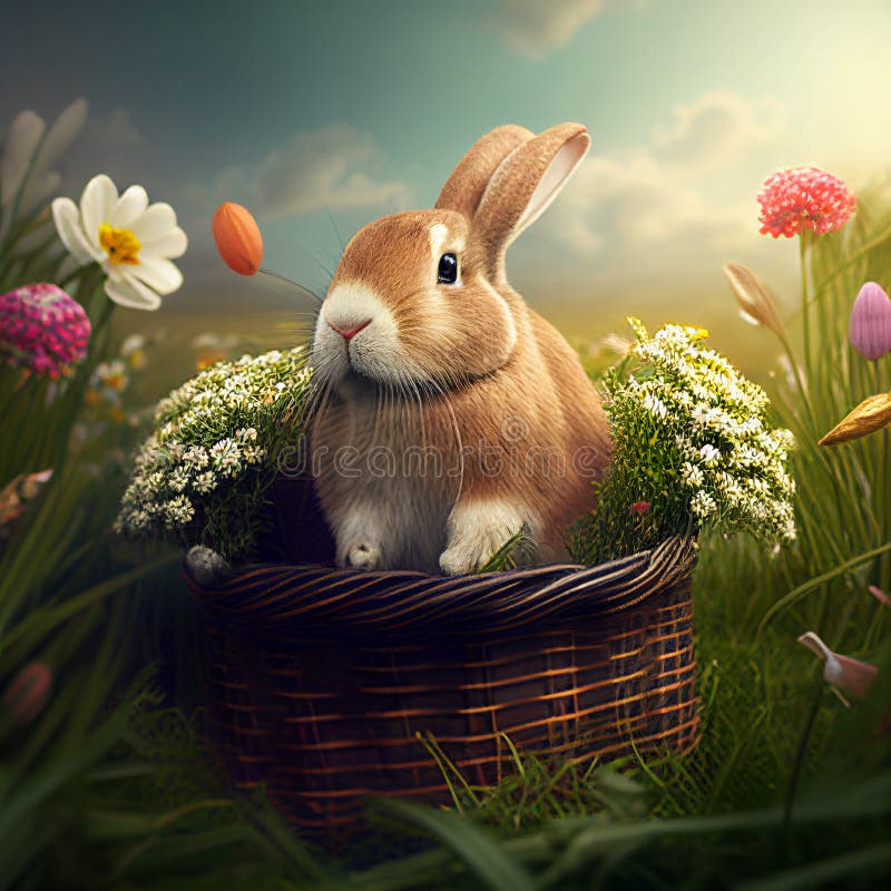 Rabbit Sitting in the Basket on Spring Meadow. Generative AI Stock ...