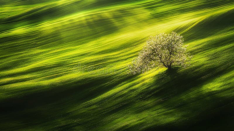 Spring Meadow, Single Tree, Sunlit Hills Stock Image - Image of vivid ...