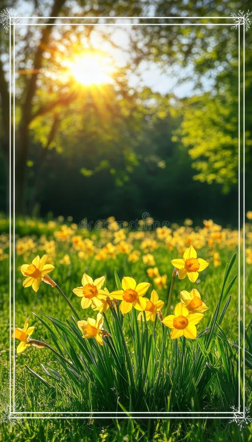Spring Meadow Symphony Vibrant Yellow Daffodils in Bloom. Sun Rays ...