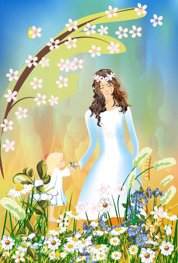 Spring meadow walk stock illustration. Illustration of female - 198396415