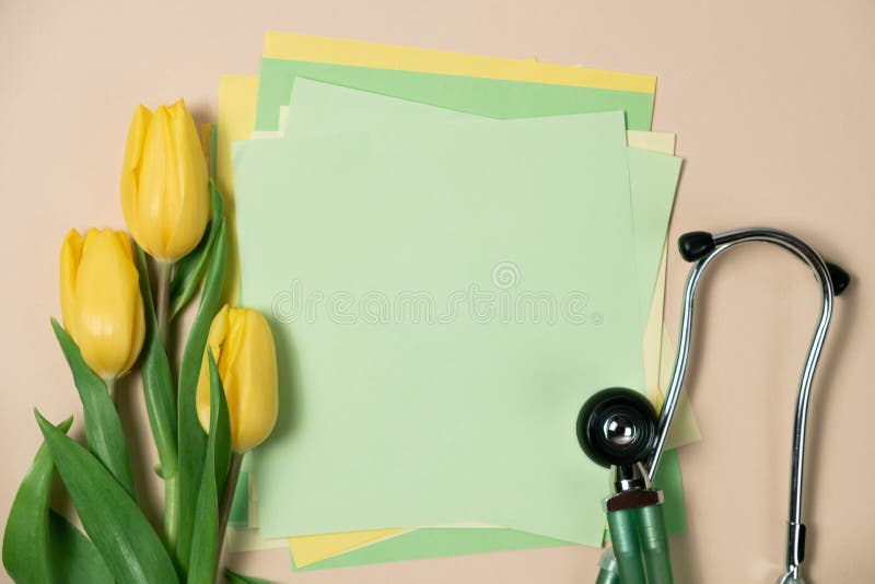Spring and Medicine - Yellow Tulips and Stethoscope with Space for Text ...