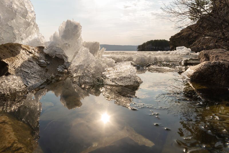 Spring Melting of Ice in the Lake, Reflection of Ice and the Sun in the ...