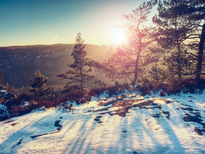 Spring Melting of Latest Snow on Exposed Sandstone Rocks. Stock Photo ...