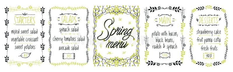 Spring Menu Board Vector Template with Starters Menu, Salads Menu, Main ...
