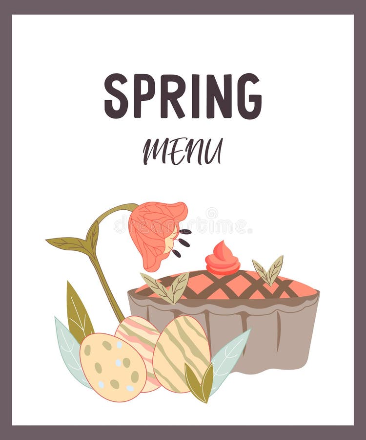 Spring Menu Card or Banner Backdrop with Colored Eggs, Cake and Spring ...