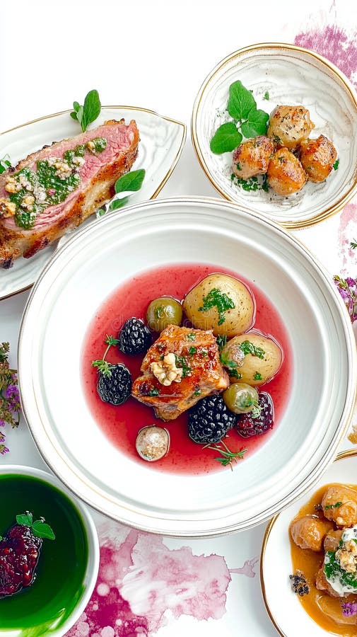 Spring Menu Featuring Gourmet Dishes in a Cheerful Watercolor Frame for ...