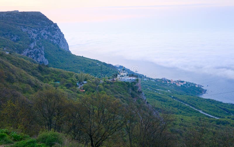 Spring Morning Sea Coastline and Church Stock Photo - Image of mount ...