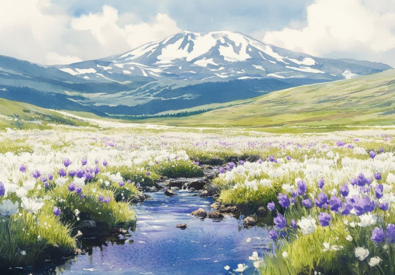 Spring Mountain Landscape in Watercolor, Created by AI Stock Photo ...