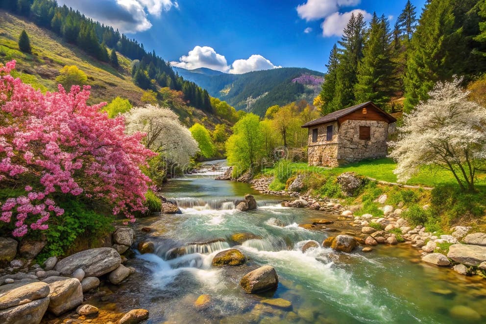 Spring Mountain River Flows Past Blooming Trees and Stone House Stock ...