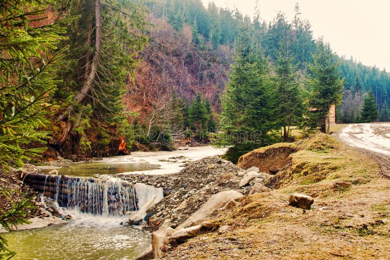 Spring Mountains River with River Dam and Stones Hill Stock Photo ...