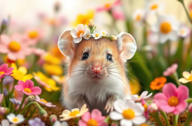 Spring Mouse with a Flower Crown at 9-12-2024 Stock Illustration ...