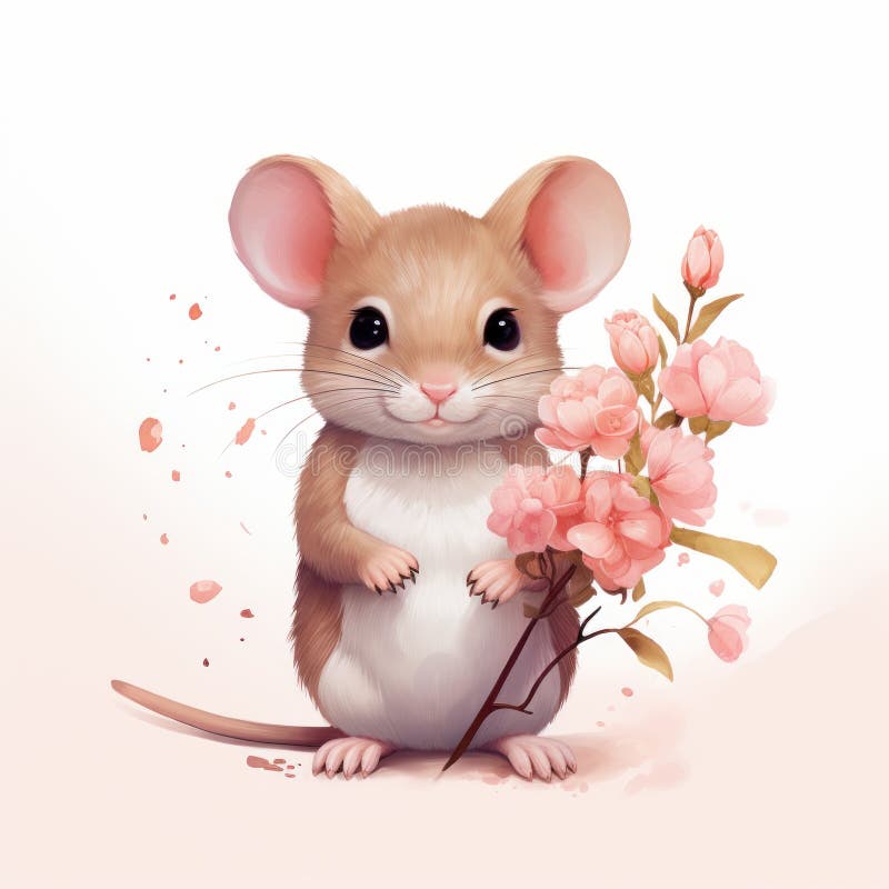 Spring Mouse with Minimalist Flowers AI Generated Stock Illustration ...