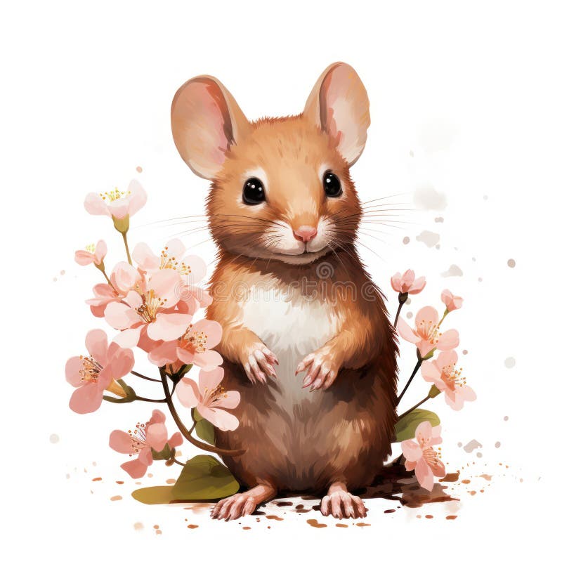Spring Mouse with Minimalist Flowers on White Background AI Generated ...