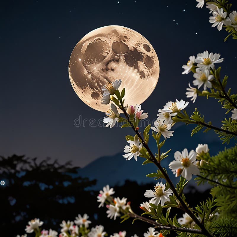 Spring Natural Flower with Moon Show. Stock Illustration - Illustration ...
