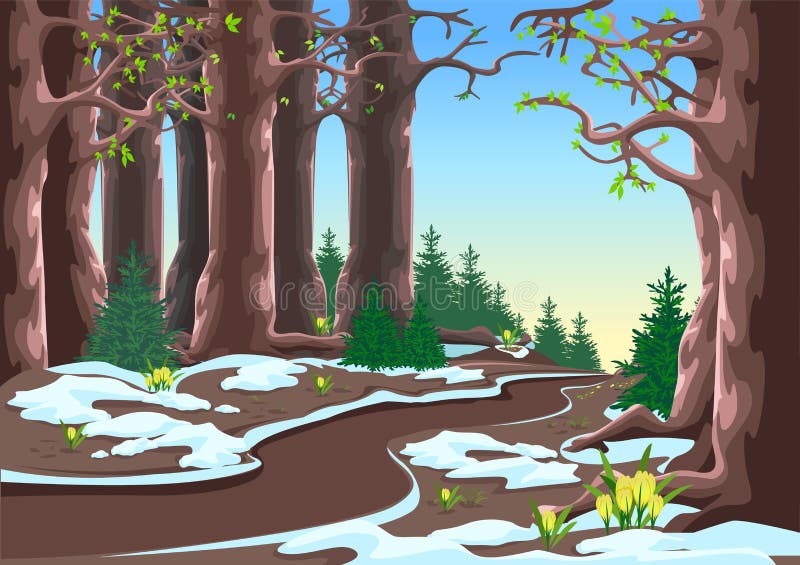 Spring Landscape with Big Trees, Forest, Melting Snow and First Flowers ...