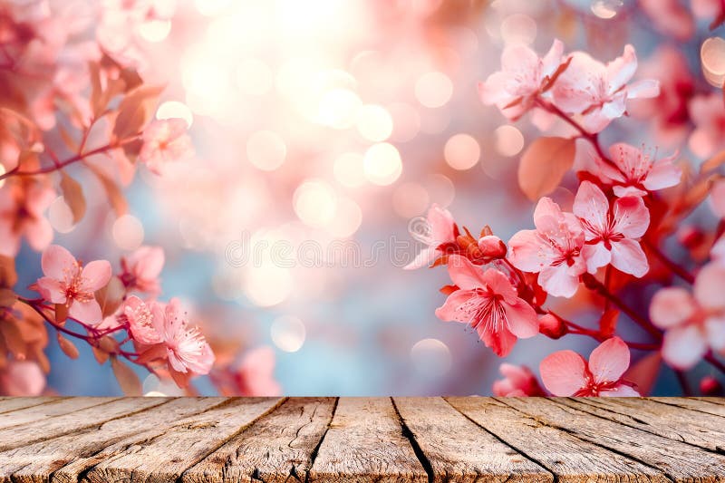Spring Nature Background with Pink Flowers and Wooden Table Top Stock ...