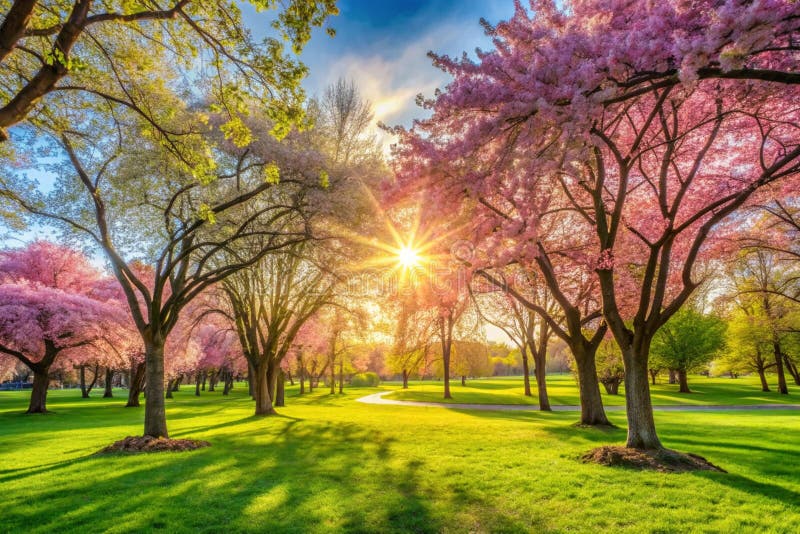 Spring Nature Scene with Green Grass and Trees Stock Illustration ...