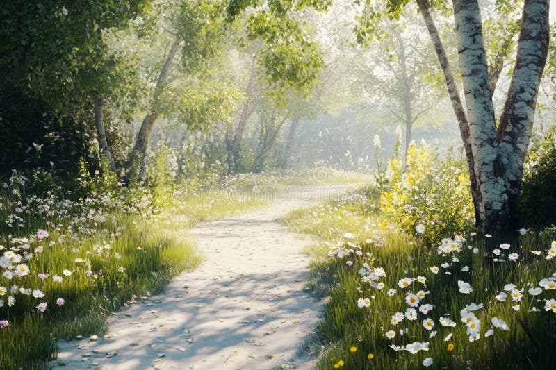 A Spring Nature Walk Along a Path Lined with Budding Trees and ...