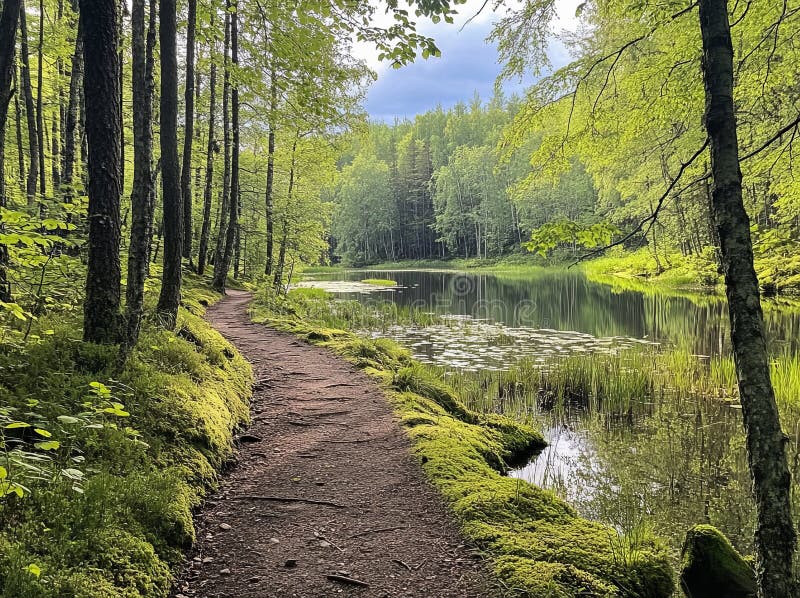 A Spring Nature Walk through the Forest. Green Moss, Spruce Trees, and ...